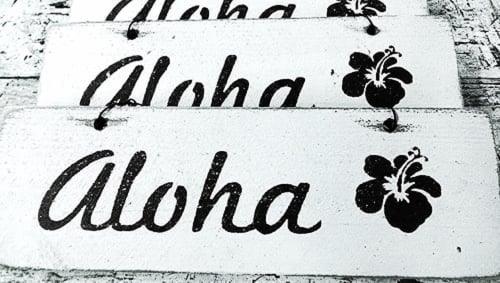 ALOHA (Cursive) with Hibiscus – Weathered Signs